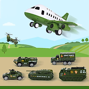 UNIH Airplane Toys Set, Transport Cargo Airplane and 6PCS Mini Army Vehicles, Military Vehicle Play Set Birthday for Kids Toddlers Boys 3 4 5 6 Years Old