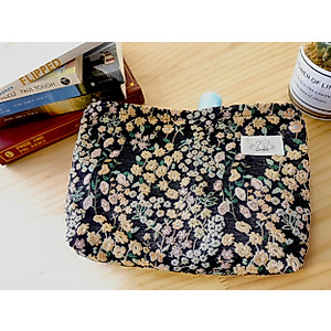 HAPPYHEIDI Women Aesthetic Travel Makeup Bag Accessory Zipper Pouch for Cosmetics, Purse Organizer, Embroidery Lucky Flowers Black