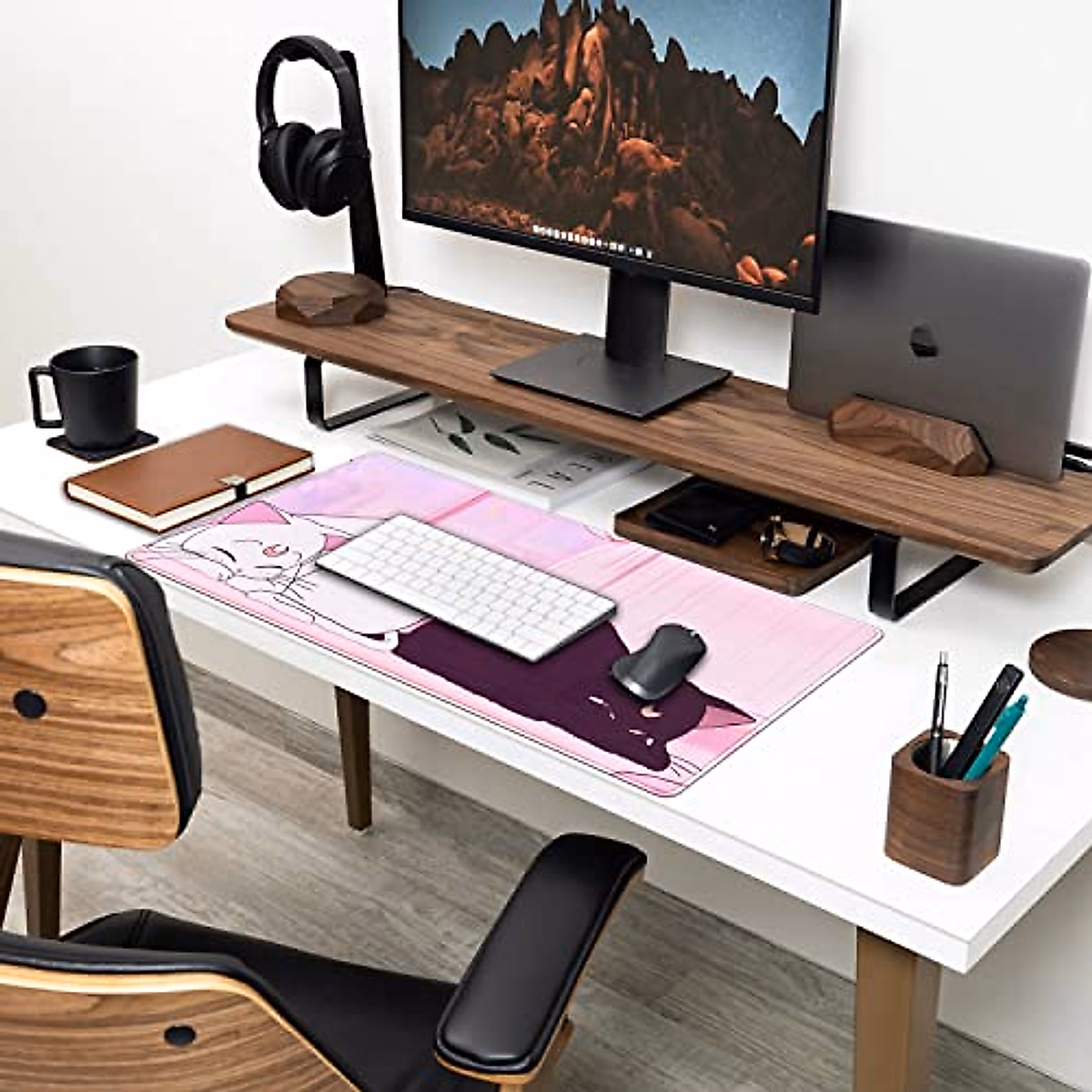 Desk Pad Pink Anime White Cat Black Cat Gaming Mouse Pad Large, Desk Office Decor Exclusive Beautiful Girls Mouse Pad for Women Desktop with Stitched Edges Non-Slip Rubber Computer Mat 31.5x15.7 in