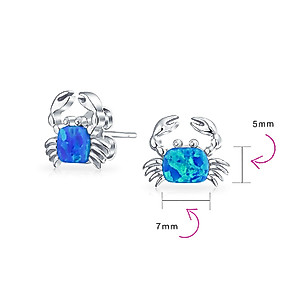 Small Gemstone Blue Tropical Vacation Nautical Created Opal Beach Sand Crab Stud Earrings For Women .925 Sterling Silver October Birthstone
