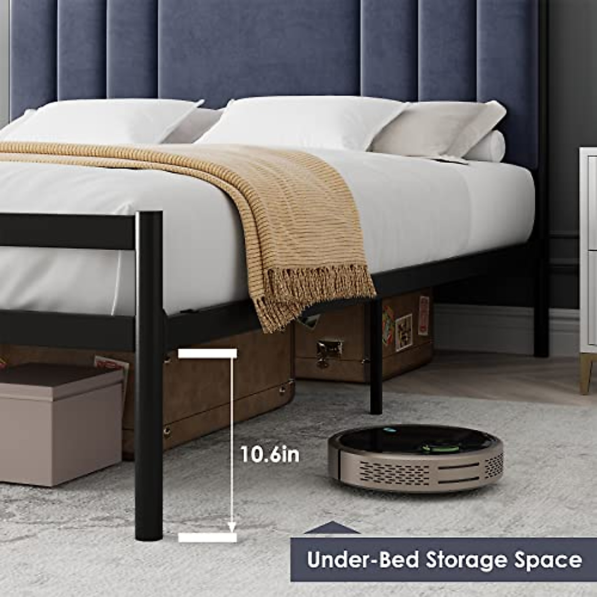 Homhougo Twin Bed Frame, Platform Bed Frame with Velvet Headboard, Heavy Duty Metal Bed Frame with 15 Strong Slats Support, Box Spring Optional, Easy Assembly, Grey