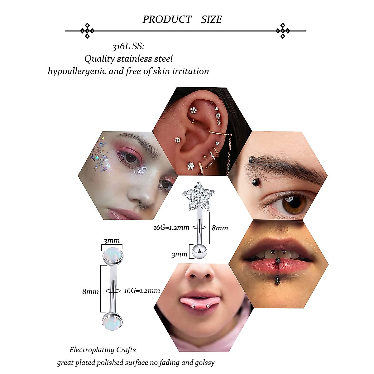 Vsnnsns 16G Rook Daith Piercing Jewelry Stainless Steel 8mm Curved Barbell Eyebrow Rings Helix Tragus Belly Lip Rings CZ Piercing Jewelry Cartilage Daith Rook Earrings for Women Men 12pcs Silve