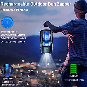 Rechargeable Cordless Bug Zapper Outdoor, Mosquito Zapper Rechargeable, Battery Bug Zapper with LED Light/3600mAh Battery, Bug Zapper Light, Portable Fly Zapper for Camping Patio Backyard Garden