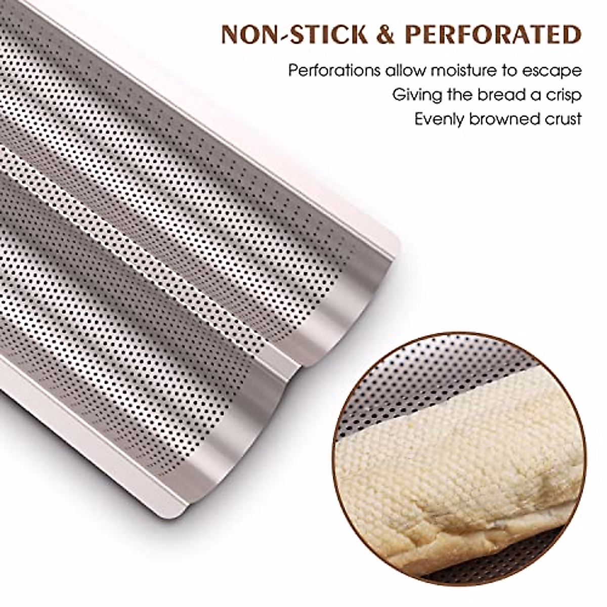 Fulimax Baguette Pan French Bread Pans For Baking Pans, Nonstick 2 Slots Perforated Italian Loaf Pan Mold Long French Bread Pan Golden