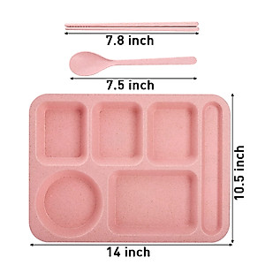 TOPZEA 4 Pack Unbreakable Divided Plates, 6 Compartments Wheat Straw Section Plates Plastic Dinner Plate Sets for Adults, School Lunch Trays, Microwave & Dishwasher Safe,14"x10.5"