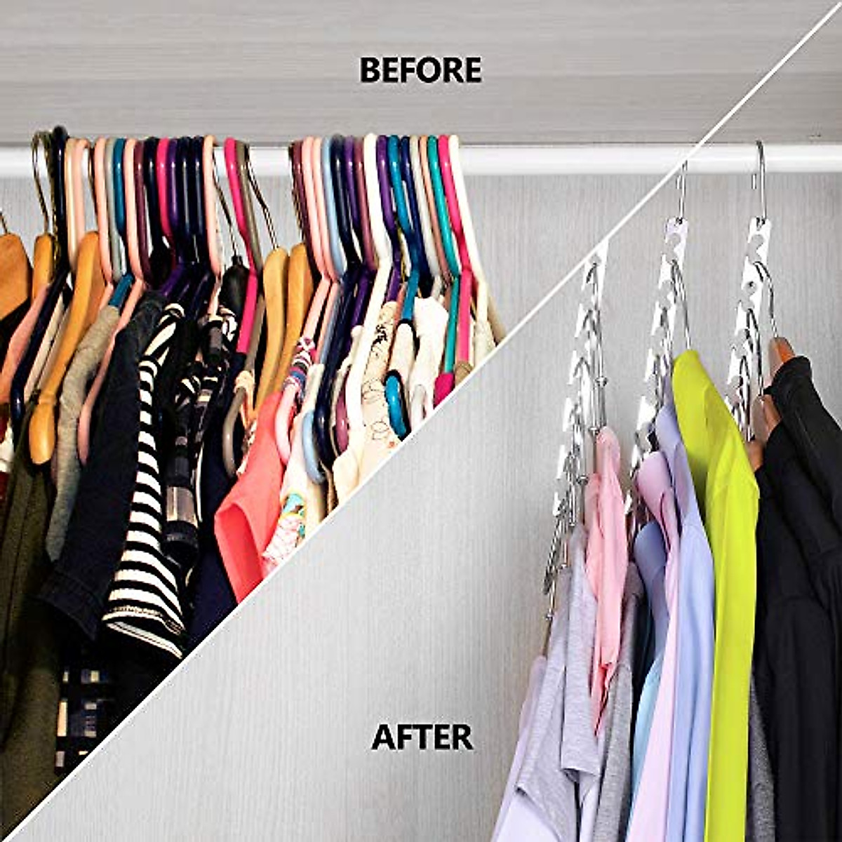 KJfamily Space Saving Hangers Metal Hanger Magic Cascading Hanger Closet Clothes Organizer Multifunctional Clothes Hangers Stainless Steel 6X2 Slots (20)