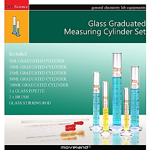 moveland Glass Graduated Measuring Cylinders Set - 5ml/10ml/25ml/50ml/100ml, Premium Borosilicate Cylinders Kit with 3 Pipettes + 2 Clear Brushes + 1 Stirring Rod