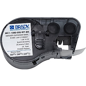 Brady - MC1-1000-595-WT-BK Official (MC-1000-595-WT-BK) High Adhesion Vinyl Label Tape, Black on White - Designed for BMP41, BMP51 and BMP53 Label Printers - 25' Length, 1" Width