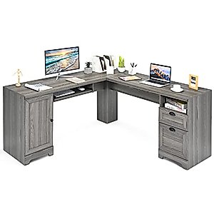 Tangkula 66" × 66" L-Shaped Desk, Corner Computer Desk with Drawers Keyboard Tray and Storage Cabinet, Home Office Desk, Sturdy and Space-Saving Computer Workstation