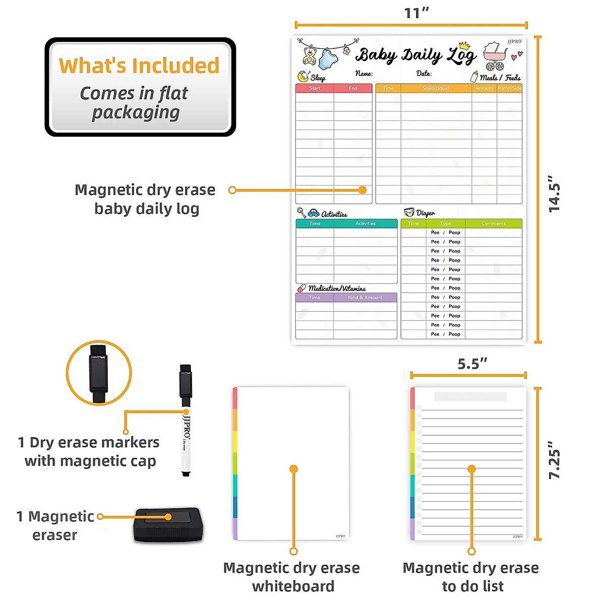 Newborn Baby or Toddler Log Tracker Whiteboard - Reusable Daily Planner Chart to Log Feeding Food, Sleep&Naps, Diaper Change and Daily Activities - for New Parents,Nanny, Babysitter