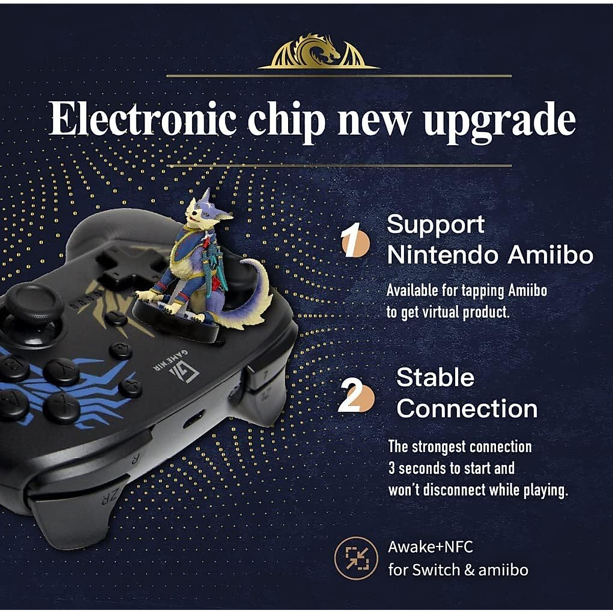 GAME'NIR DRAGON PATTERN Wireless Switch Controller Support NFC Amiibo, Ergonomic Switch Pro Controller for Switch/Switch Lite/Switch OLED with Dual Motor, Gyro Axis, Turbo Function, 5 Level Vibration