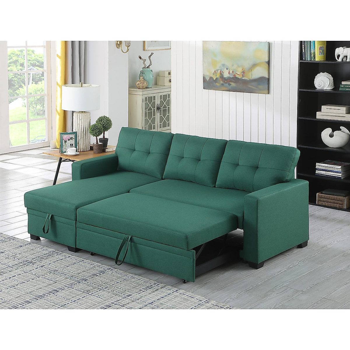 Devion Furniture L-Shaped Polyester Fabric Reversible, Easy Convertible Pull-Out Sleeper Sectional Sofa/Storage Chaise with Tufted Back Cushions and Track Arms in Green