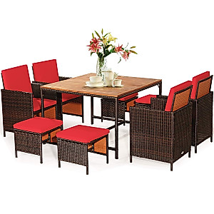 Tangkula 9 Pieces Acacia Wood Patio Dining Set, Space Saving Wicker Chairs and Wood Table with Umbrella Hole Outdoor Furniture Set, Suitable for Garden, Yard, Poolside, Outdoor Seating Set