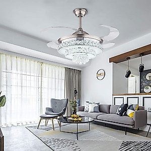 DYRABREST 42" Modern Crystal Ceiling Fans Lights and Remote Control Retractable Blades Chandelier Fan Lamp 3 Color 3 Speed Adjustable for Home Decoration Living Room