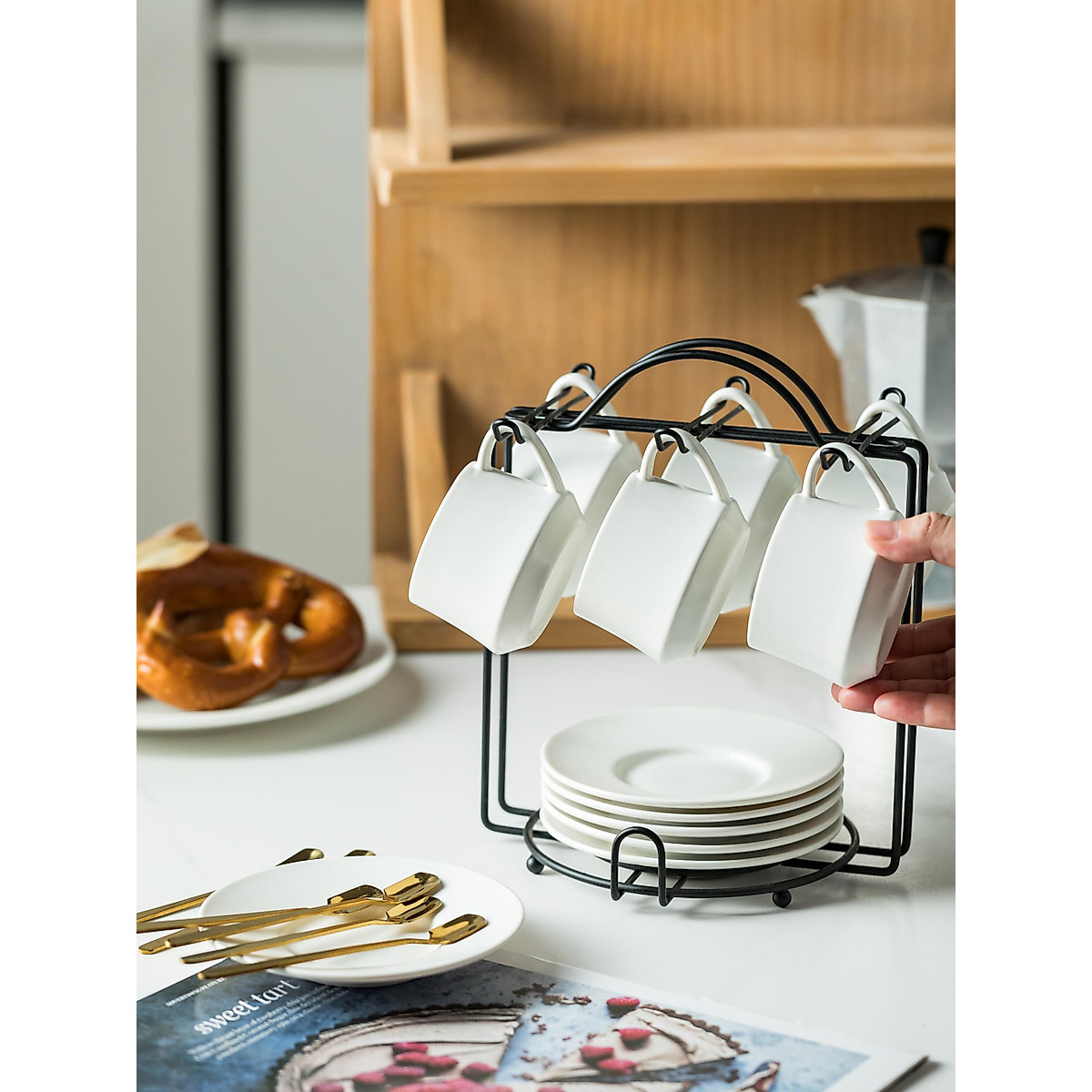 YHOSSEUN Espresso Cups and Saucers with Metal Stand, Porcelain Demitasse Cups Set for Espresso, Latte, Cafe Mocha, Cappuccino and Tea, 3 Ounce, Set of 6, White