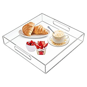 Acrylic Serving Tray with Handles, Spill-Proof Clear Breakfast Dinner Tray Decorative Tray Makeup Organizer Tray Countertop Coffee Table Tray for Living room, Bathroom, Bedroom, Kitchen - 12x12inch