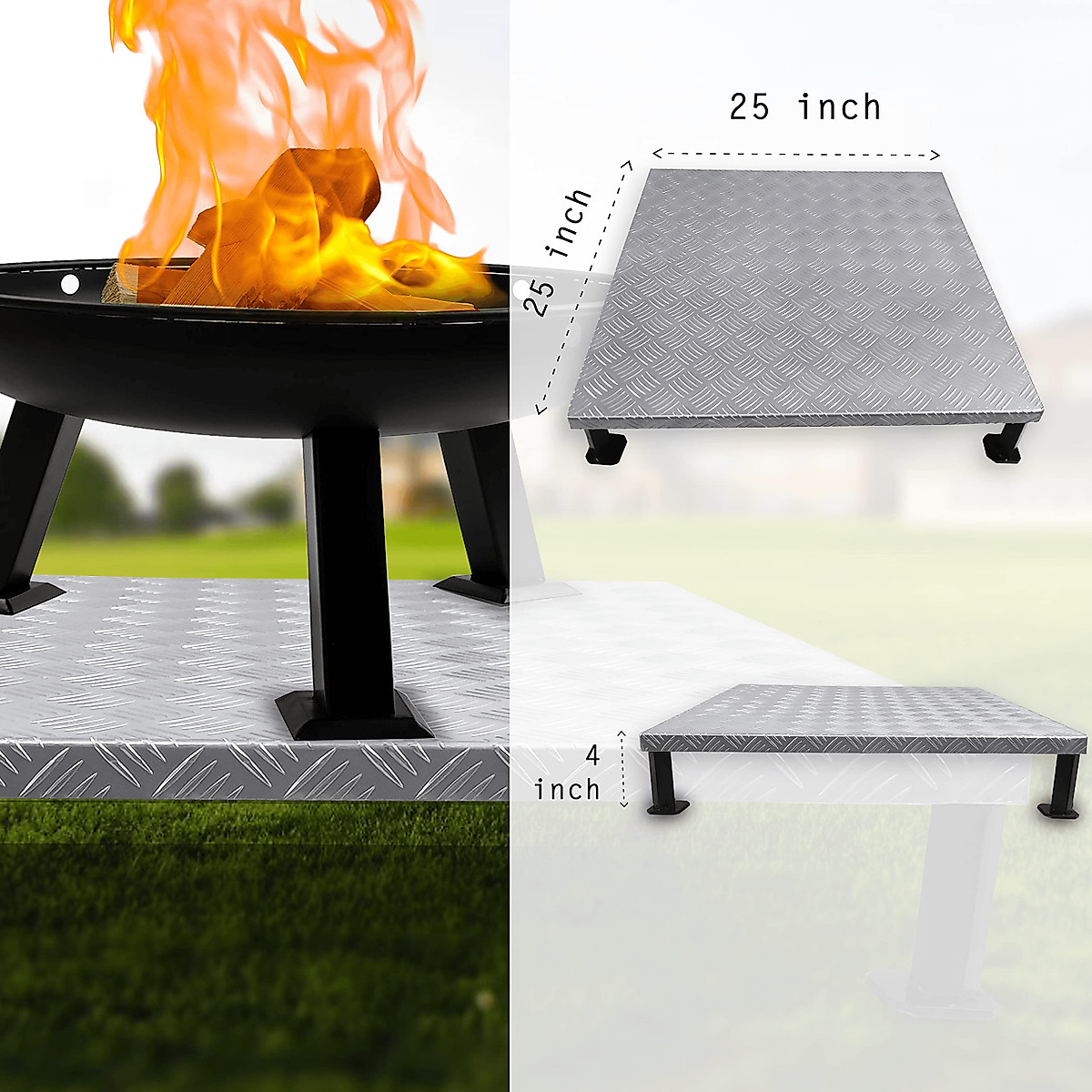 FEBTECH Portable Fire Pit Deck Defender & Grass Guard Heat Shield 25" for an Outdoor Fire Pits, Diamond-Plated Aluminum with Steel Frame Underneath to Protect Composite Wooden Deck, Patio, and Camping
