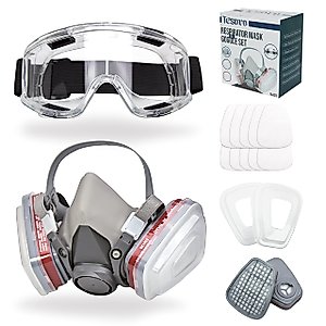 Tesoro Moda Respirator Mask for Spray Painting, Woodworking, Welding, Dust, and General Safety with Clear Eye Goggles, 10 Replacement Filters, Half Face Cover with Safety Glasses