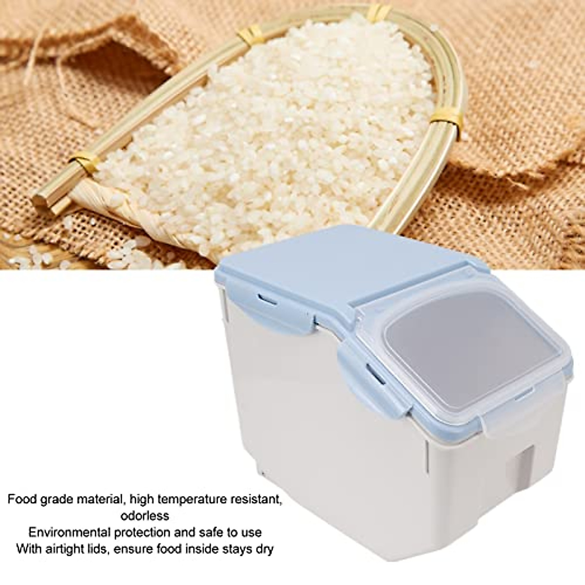 Rice Container, Odorless High Temperature Resistant Sealed Food Container Environmental Protection Safe with Lid for Beans (Blue 15KG)