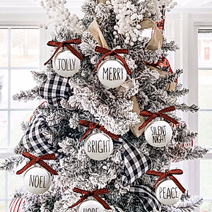 Christmas Ornaments - Xmas Tree Decorations - Set of 12 Shatterproof Bulbs with Buffalo Plaid Bows - White Holiday Balls Rustic Farmhouse Decor