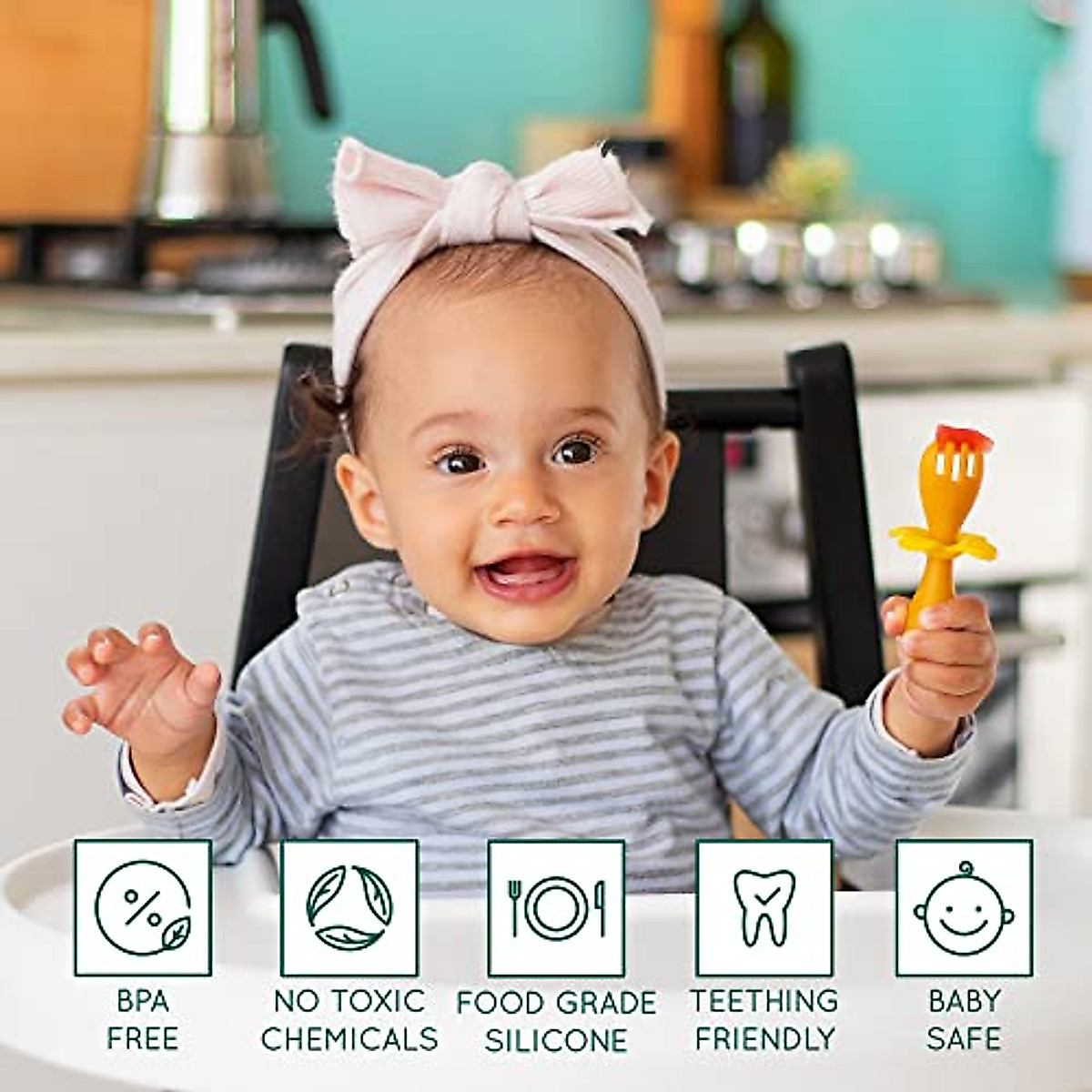 Baby Self Feeding Spoon and Fork - Training Utensils 6-12-18 Months | Baby Led Weaning Anti-Choke Spoons & Forks - Anti-Choke Flexible Fork and Spoon for Toddlers & Babies - 6 months to 3 years