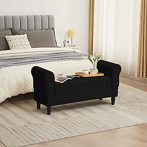 Merdoo Classics Storage Ottoman Bench with 2 Ottoman Foot Rest, Tufted End of Bed Storage Bench, Upholstered Bedroom Storage Bench, Rolled Arm Window Bench for Entryway Bedroom Living Room, Black…