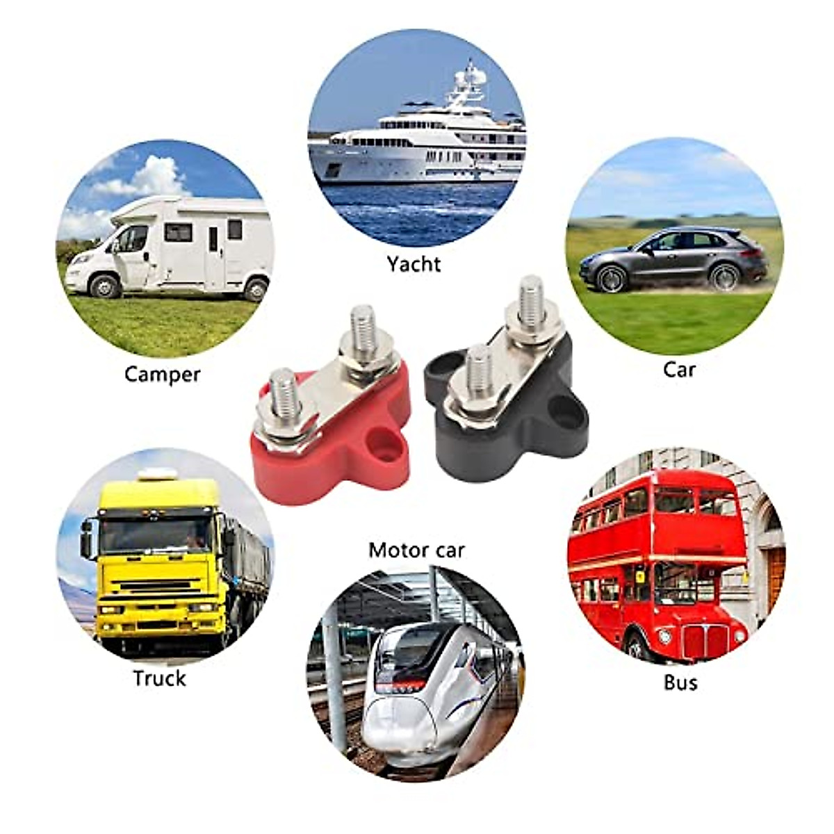 Power Distribution Terminal Block 1/4in Power Stud Battery Junction Block Post Distribution Block Insulated with Cover DC 48V 80A M6 Positive Negative 2 Studs Battery Junction Block