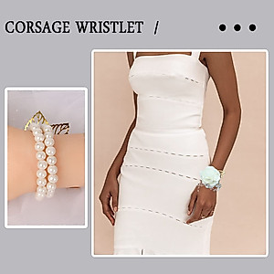 XAN Bridesmaid Wrist Flower Corsage Bride Silk Wrist Flower, with Artificial Pearl Bead Elastic Bracelet Wristband Gold Leaf, Used for Wedding Ball Hand Flower Decoration (Burgundy Combination)