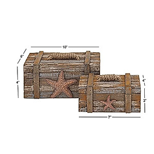 Deco 79 Wood Starfish Handmade Distressed Box with Knotted Rope Details, Set of 2 10", 7"W, Brown