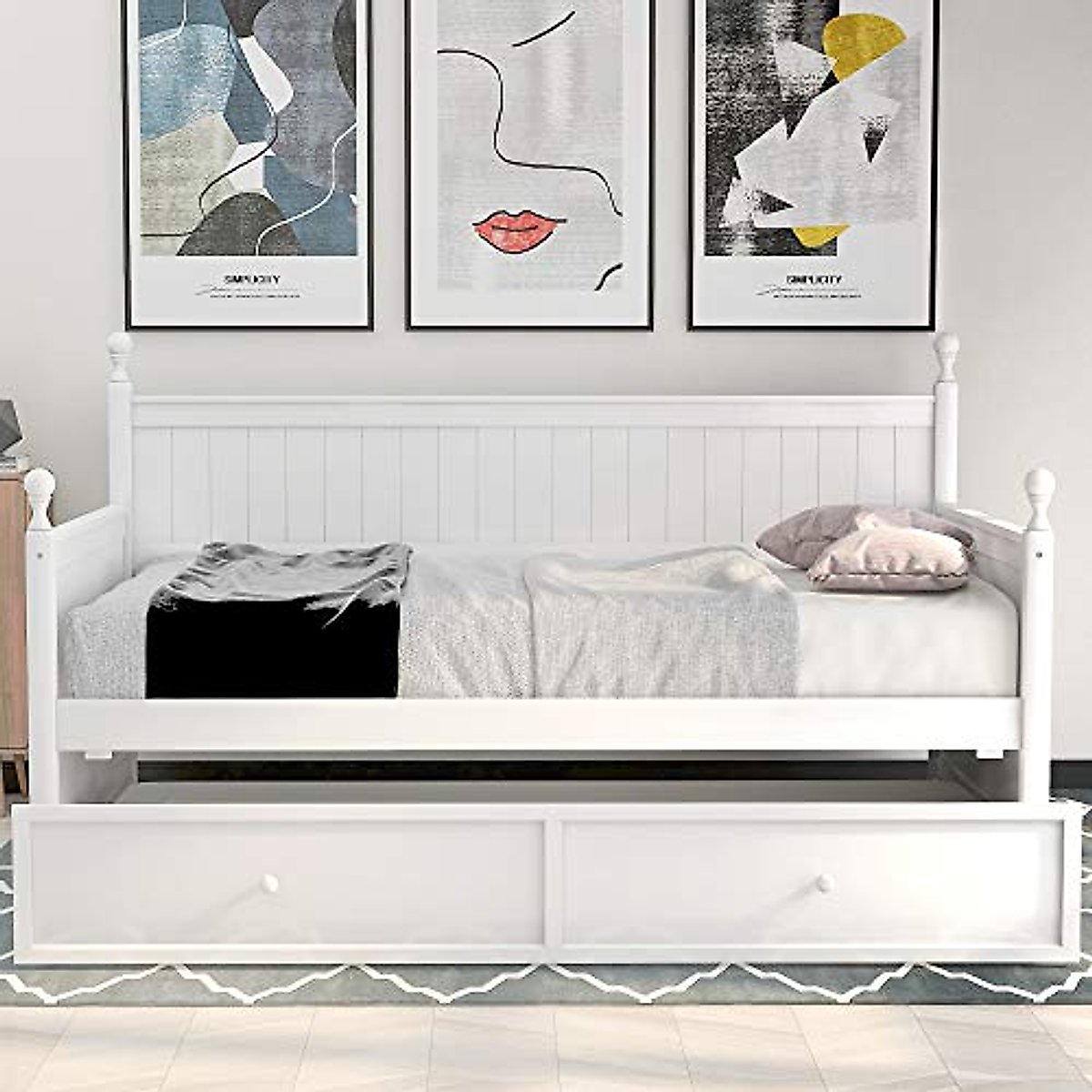 Solid Pine Wood Twin Size Daybed Frame - Used as Sofa or Bed, Ideal for Small Spaces with Trundle - Concise and Modern Appearance - with Square Posts and Wide Boards - Easy to Assemble - White
