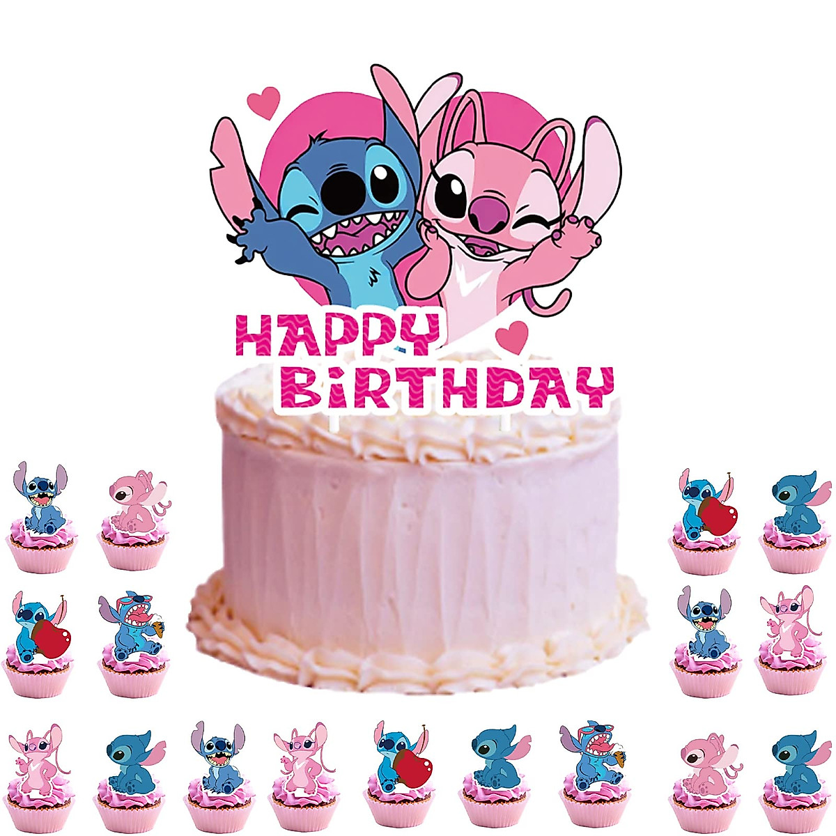 48 Pcs Pink Stitch Party Cupcake Toppers, Pink Girl Stitch Birthday Party Decorations