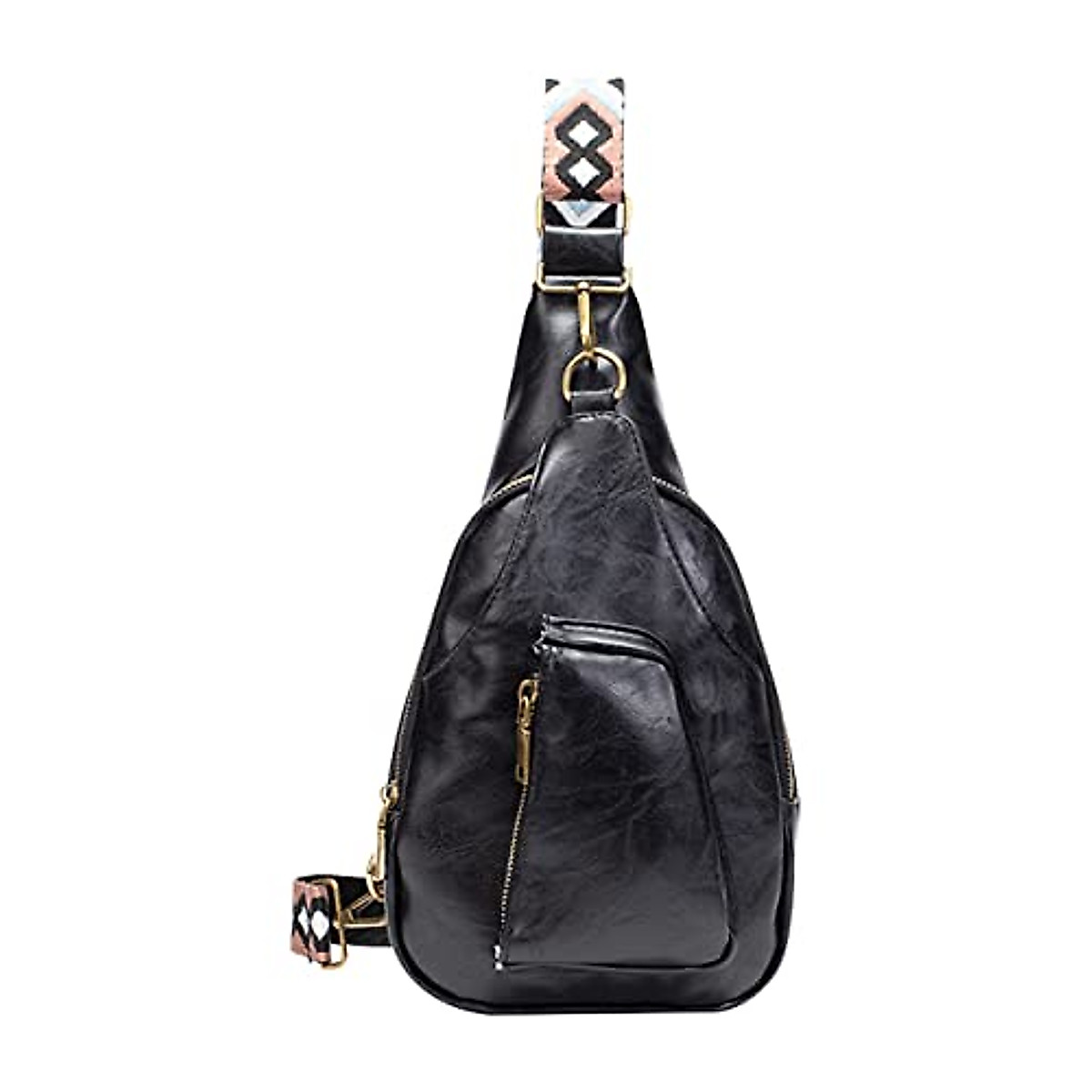 Ocahuel Women Sling Bags Crossbody Chest Bag Purse Leather Wide Guitar Strap Satchel Daypack Retro Shoulder Backpack Travel Hiking Black