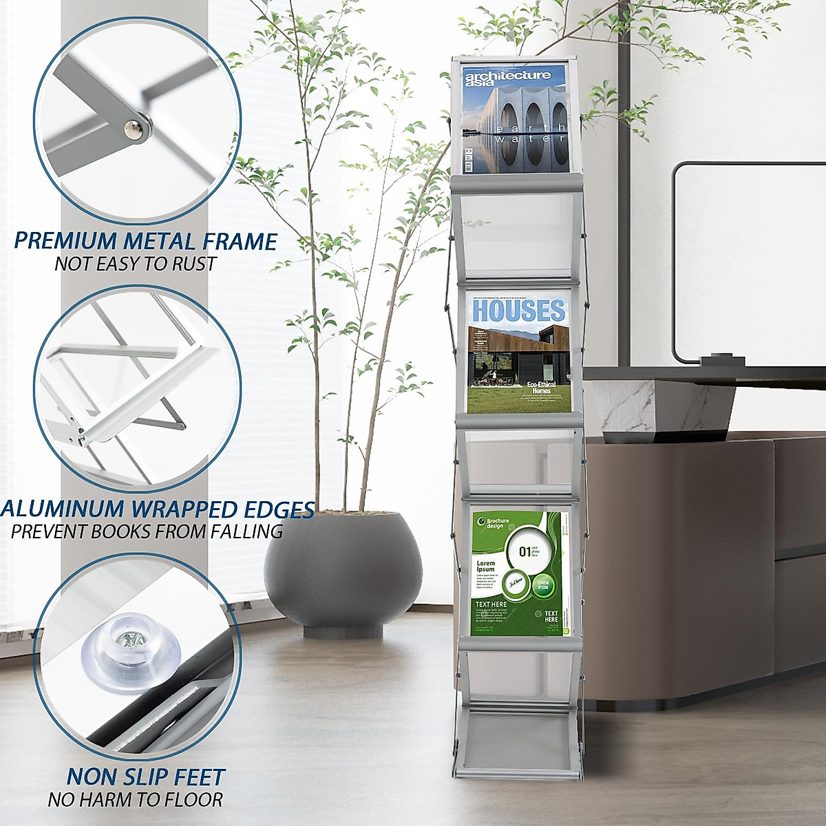 6 Pockets Literature Catalog Rack, Foldable Magazine Brochure Display Stand, Magazine Floor-Standing with Portable Oxford Bag, Aluminum Pop up Brochure Stand for Trade Show