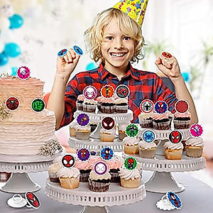 24Pcs Hero Cupcake Topper Birthday Party Favor, Spider Friends Cup Cake Decorations Supplies Finger Rings Gift for Anime Fans Kids, Goody Bag/Easter Egg Stuffers