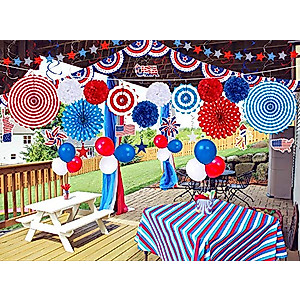 66PCS 4th/Fourth of July Decorations Set - Patriotic Paper Fans+Tissue Pom Poms+Star Streamer+American Flag Banner Garland+Hang Swirls+Balloons - Red White Blue USA Memorial Day Party Decor Supplies