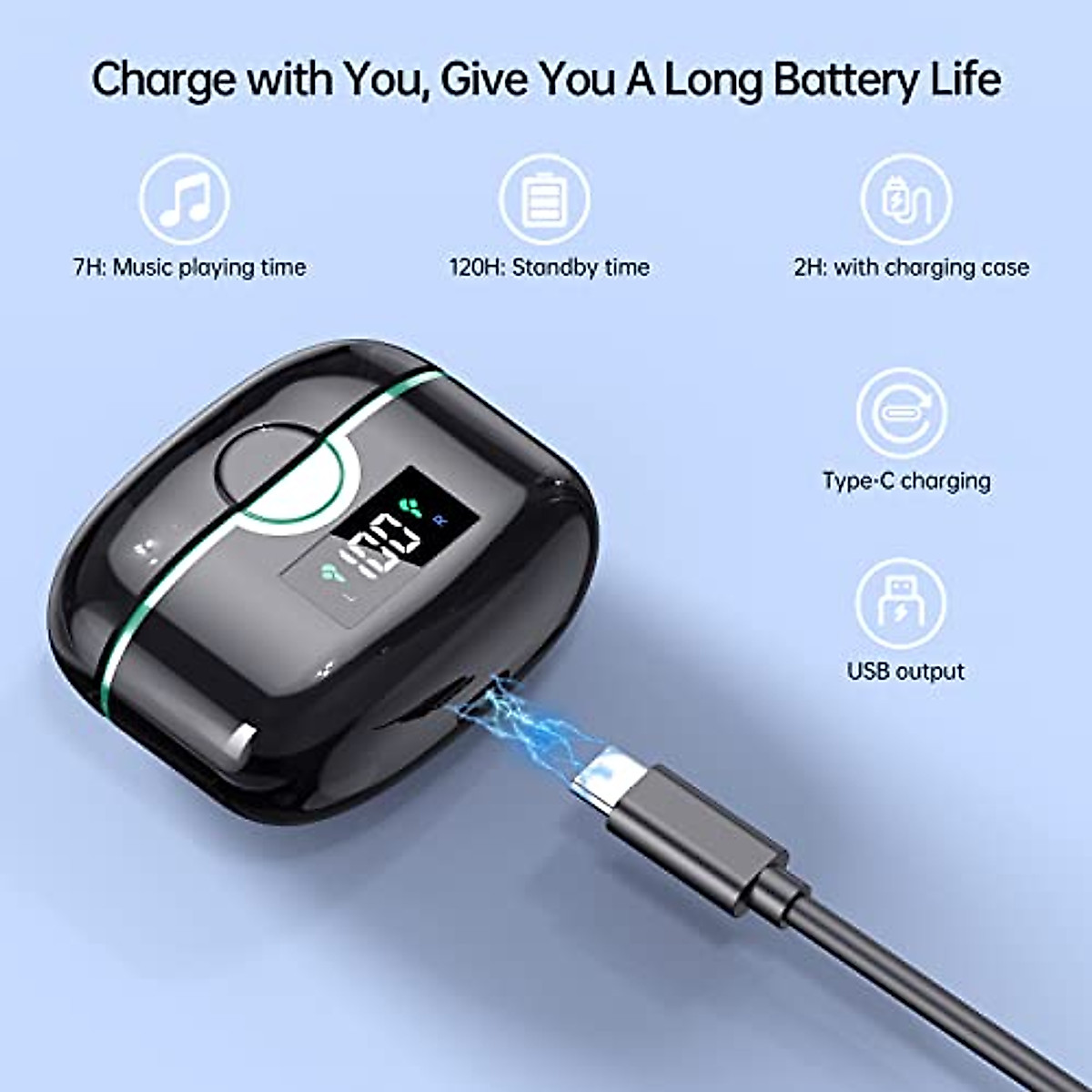 TUSUEYGT Wireless Earbuds, 4 Dynamic Drivers Bluetooth Headphones TWS Earbuds, 40Hrs Playtime with LED Power Display Charging Case Touch Control in-Ear Earphones HiFi Stereo Sound Headset for Sport