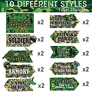 20 Pieces Camo Party Signs Camoflauge Birthday Decorations Camo Signs Camo Birthday Sign Camoflauge Birthday Party Supplies for Kids Boys Military Themed Outdoor Indoor Decor, 10 Styles