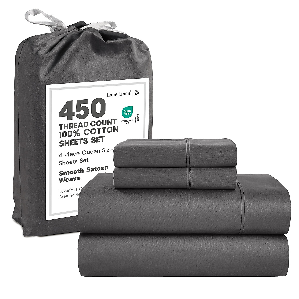 LANE LINEN 100% Cotton Sheets Queen Size Bed Set – 450 Thread Count, Soft & Cooling Sateen Weave, Deep Pocket Fits 15” Mattress, Luxury Hotel Bedding, Queen Bed Sheets, Charcoal