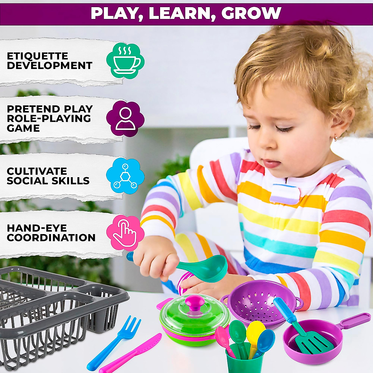 Play Kitchen Pots and Pans for Kids Kitchen Playset - 27Pcs Toy Plates and Dishes for Kitchen Set Plastic Dishes and Utensil Sets for Play Kitchens - Kids Playset Play Dishes for Kids Kitchen Toys