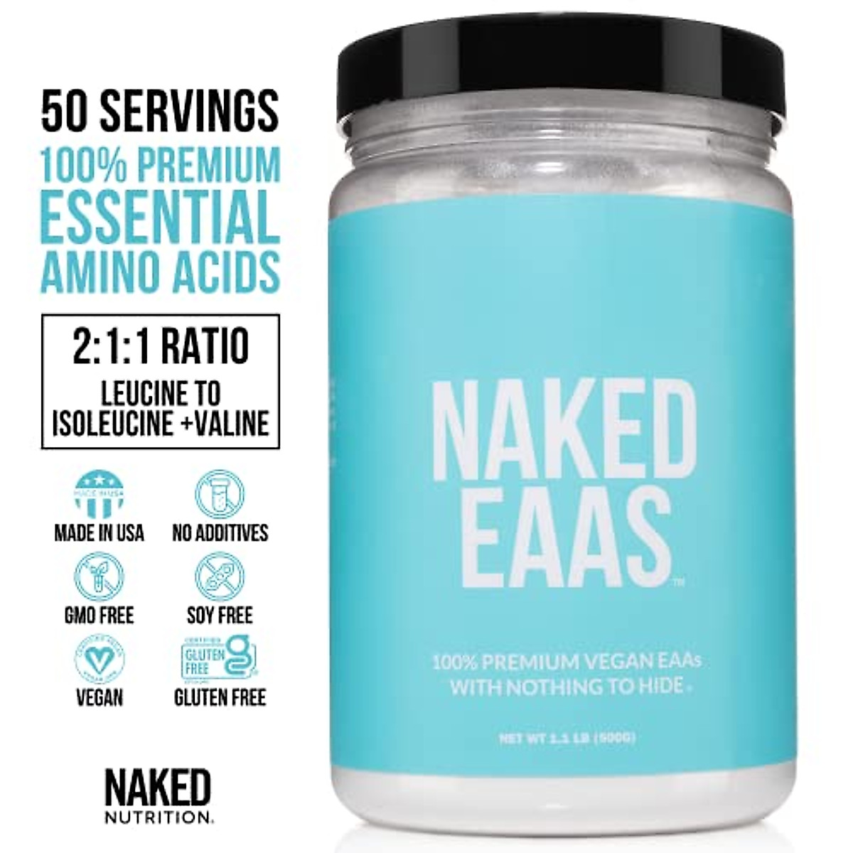 Naked EAAs Amino Acids Powder - 50 Servings - Vegan Unflavored Essential Amino Acids 500 Grams - Instantized All Natural EAA Powder Supplement