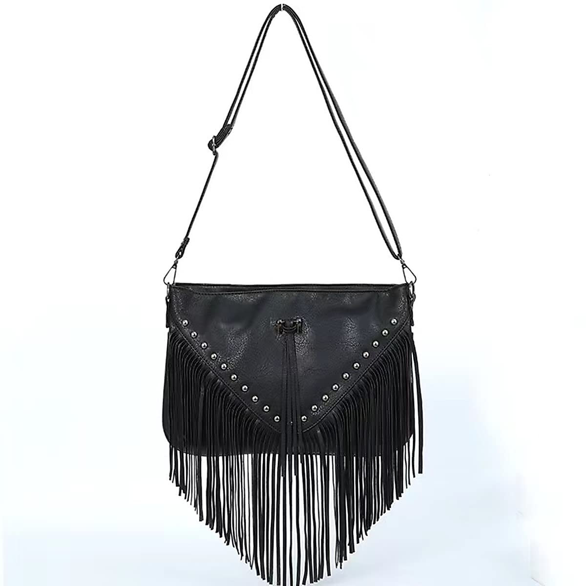 IAMUHI Casual Rivets Fringed Shoulder Handbag for Women/Girls,Soft Vegan Leather Hippie Crossbody Purse Bag Black