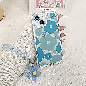 NITITOP Compatible for iPhone 13 Case Clear Floral Bear Camera Lens Case with Lovely Flower Bracelet Chain for Women Girls, Soft TPU Shockproof Cover-Blue