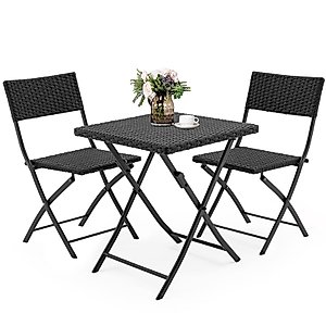3 Pieces Outdoor Patio Bistro Set, All Weather Brown PE Rattan Patio Furniture Sets with Folding Patio Square Table and Chairs for Garden,Backyard,Balcony,Porch (Black)