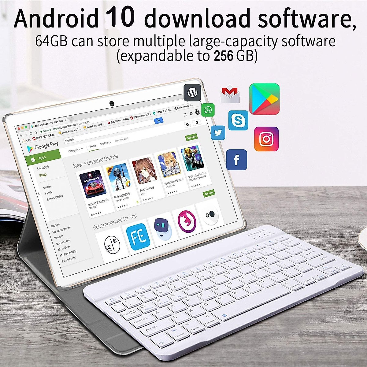 AOYODKG TAB-A22 10 Inch Tablet with Keyboard, Android 10, Octa-core Processor, 64GB Storage, 4GB RAM, 256GB Expandable, WiFi, GPS, 1920x1200 HD Display, Gold