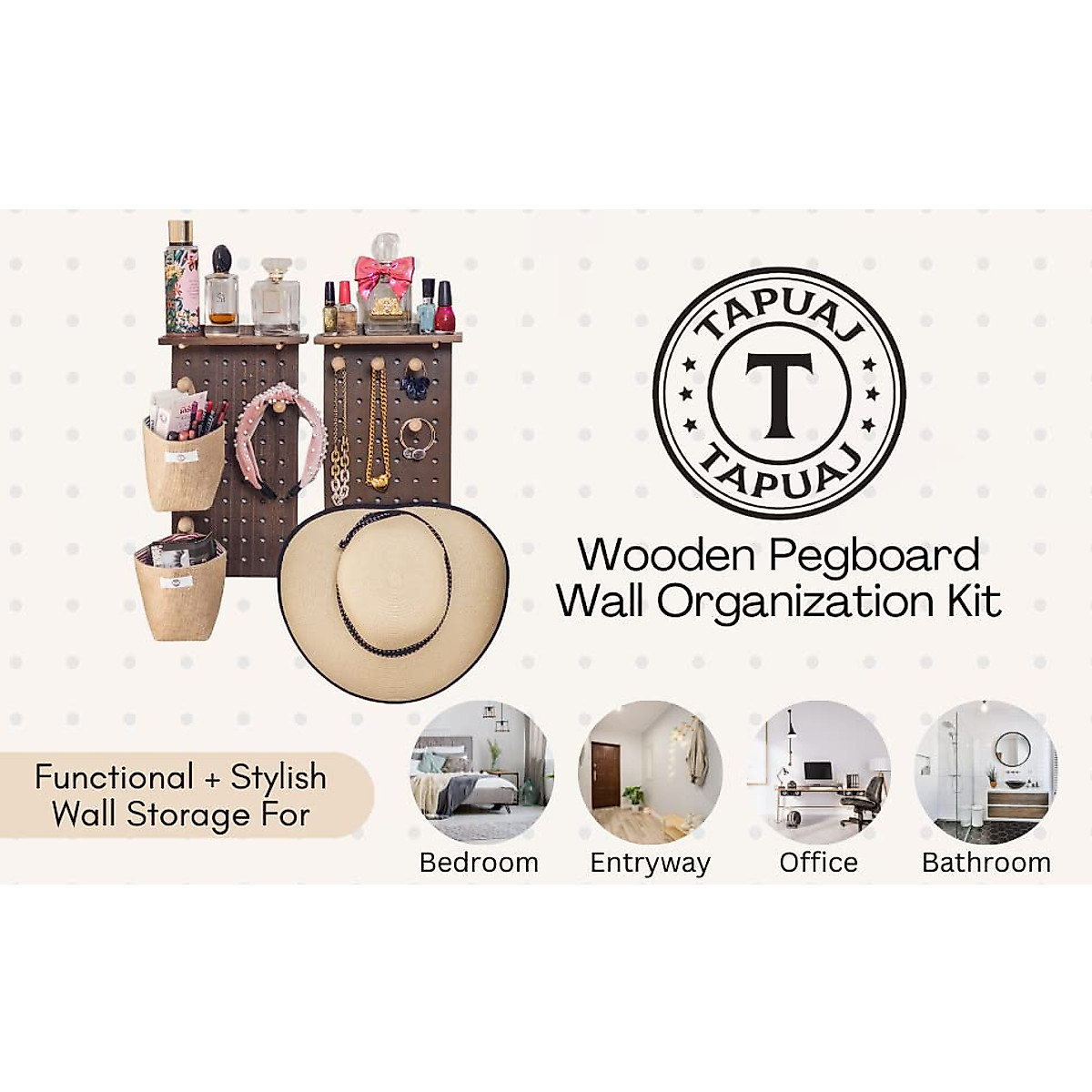 TAPUAJ 2 Wall Organizer with Wooden Board and 2 Bags - 15 x 8-2/3 inches - Wall Mounted - Includes Panel and Trim -Brown