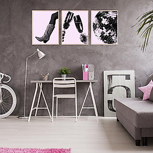 BigWig Prints - Cowgirl Decor Preppy Posters - Cowgirl Boots Poster, Room Decor, Country Room For Teen Girls, Disco Ball Wall Art - Unframed Set Of 3 (8x10”) - Pink