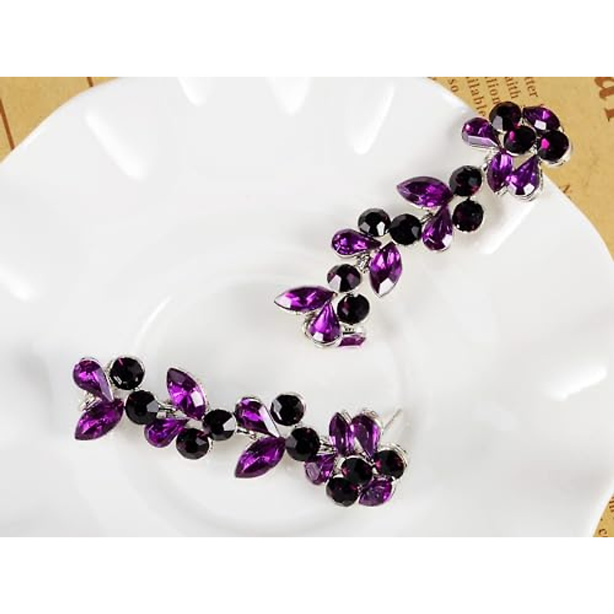 Alilang Metal Tone Grape Colored Stone Embellished Flower Leaves Dangling Earrings, Purple