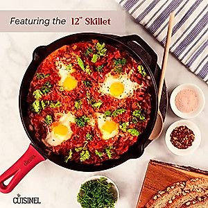 Cast Iron Cookware 8-Pc Set - Pre-Seasoned 10"+12" Skillet + 5-Quart Double Dutch Oven + Pan Rack Organizer + Silicone Handle Cover Grips + Scraper/Cleaner- Stovetop, Grill, BBQ, Indoor/Outdoor Use