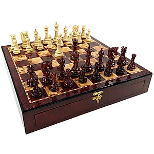 4 Queens - Large 4 3/8" King Staunton Luxury Bud Rosewood Chess Men Set W/ 20" Cherry Color Storage Board