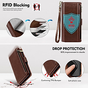 Antsturdy Compatible with Samsung Galaxy A13 5G Case Wallet with Card Holder Women Men Phone Case RFID Blocking PU Leather Flip Folio Shockproof Cover Wrist Strap Zipper Credit Card Slots,Brown